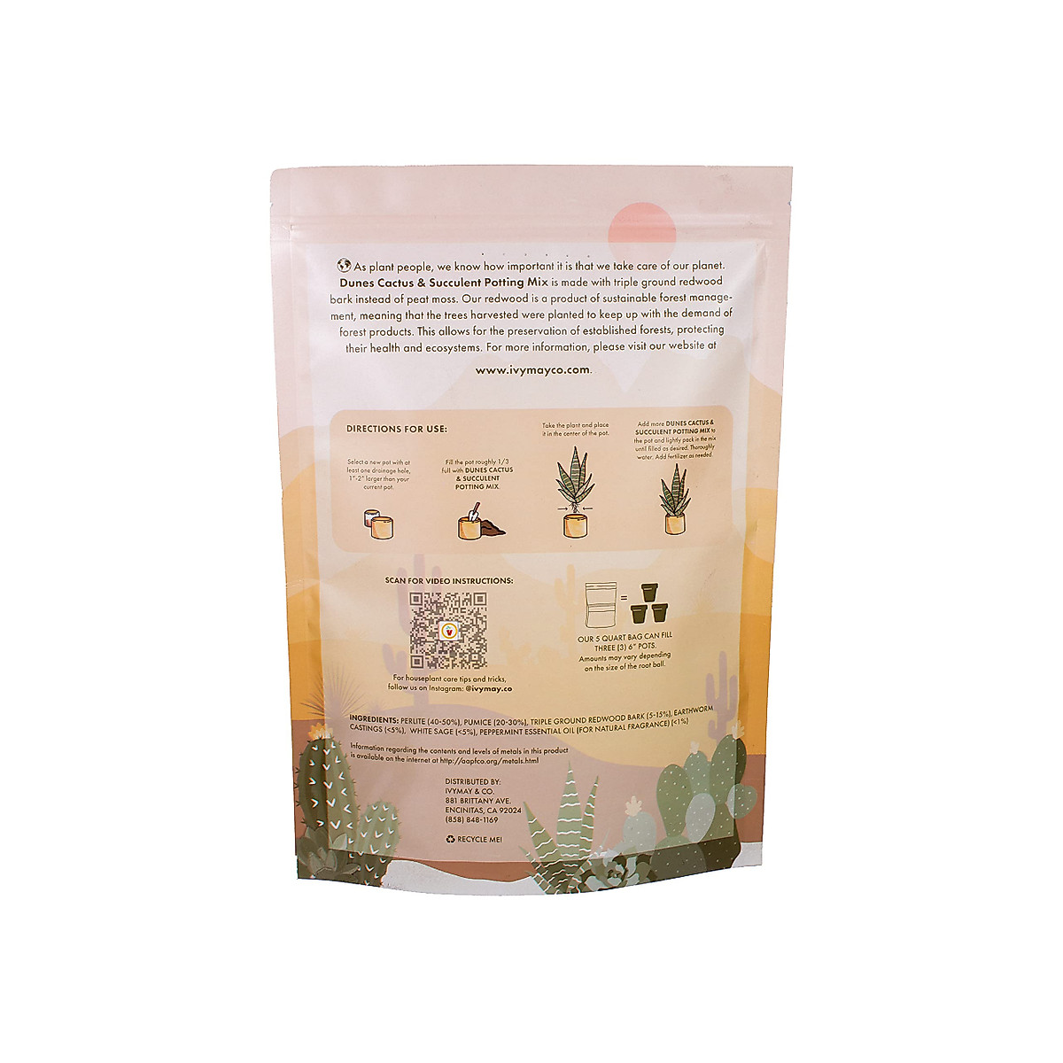 IvyMay Dunes Succulent Soil ― Organic Cactus Soil Potting Mix for Succulents, Ready to Use Potting Soil Indoor Plants with Perlite, Pumice, Earthworm Castings, Essential Oils ― 5 qt