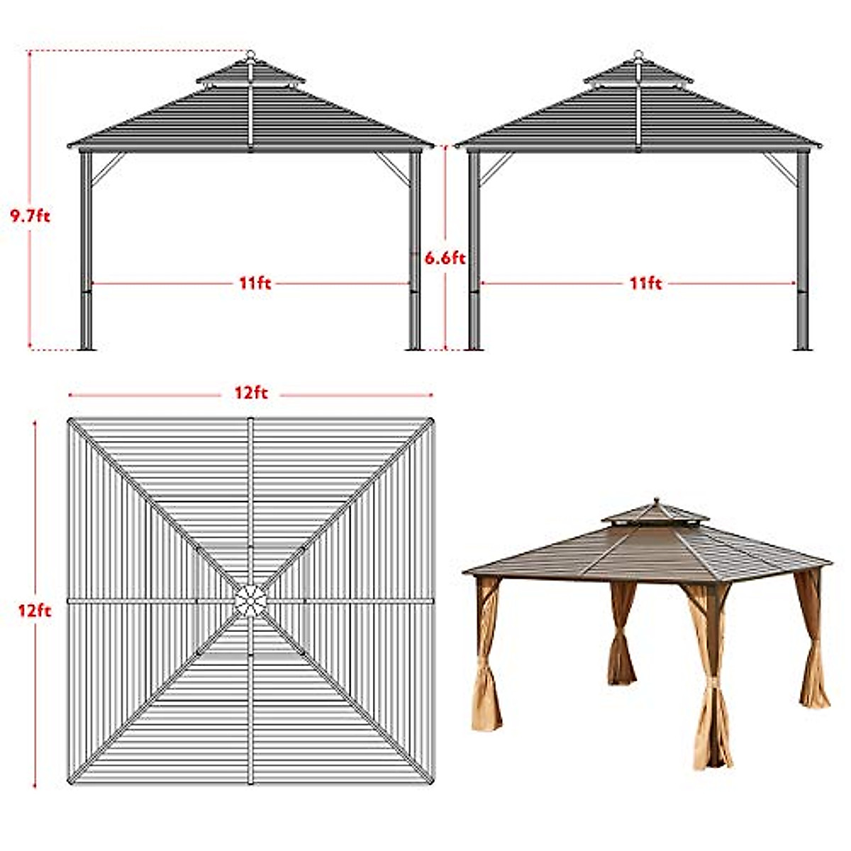 MELLCOM 12'x12' Hardtop Gazebo, Galvanized Steel Metal Double Roof Canopy Curtains and Netting, Outdoor Permanent Canopy Gazebos with Aluminum Frames for Patios, Gardens, Lawns