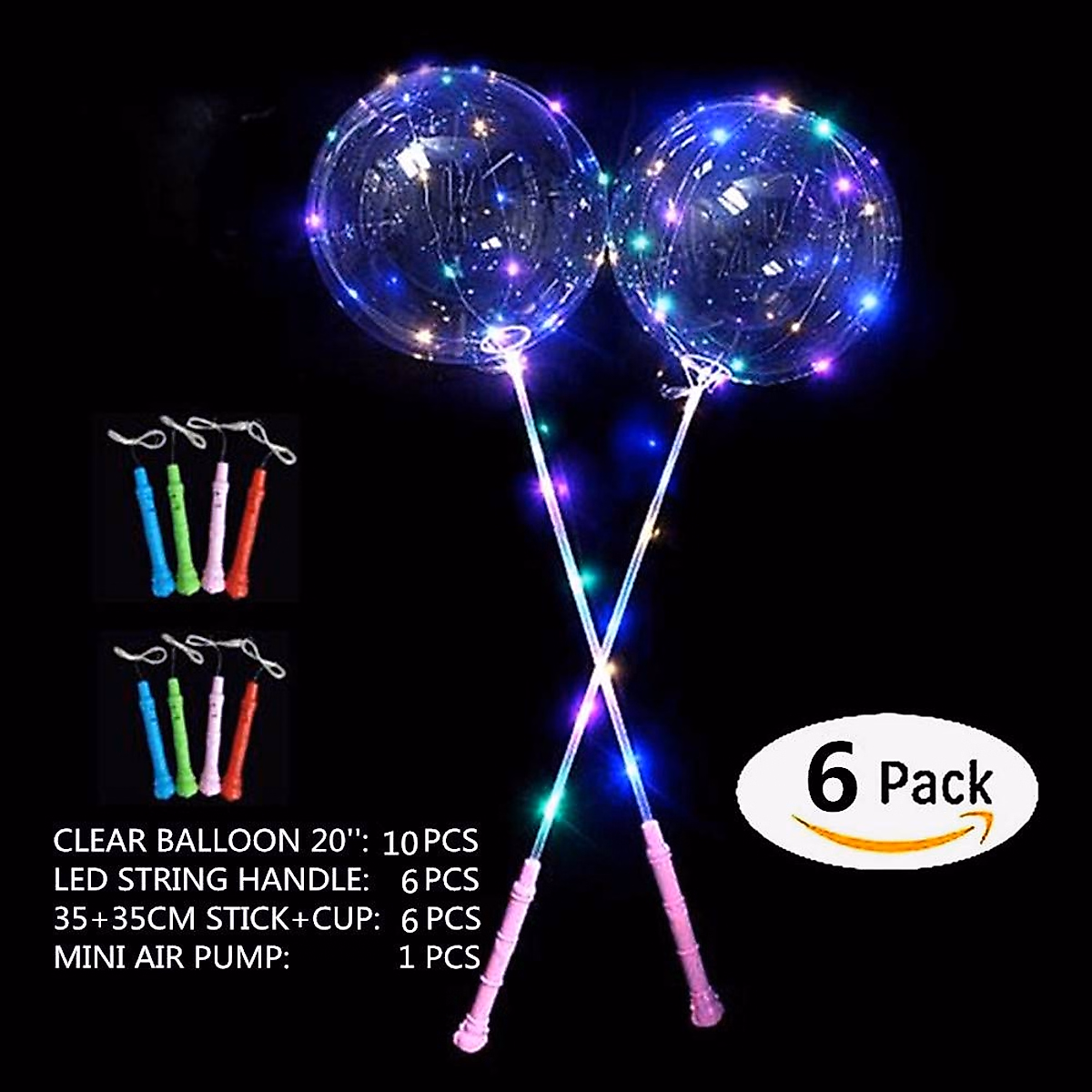 LED Light Up Bobo Balloons with Sticks 6 Packs, Flashing Handles,20 Inches Transparent Bubble Balloons,70 cm Sticks, Event Birthday Party Decoration