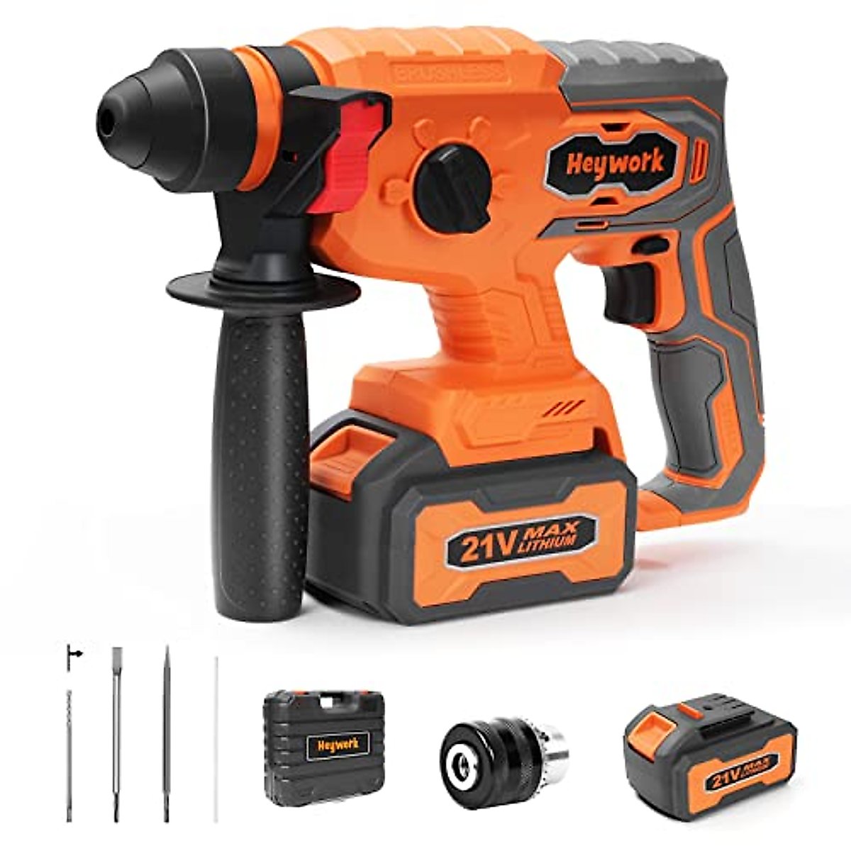 Heywork Cordless Rotary Hammer Drill, 4 Modes Variable Speed and Adjustable Handle, SDS-Plus Chuck Hammer Drill with 21V 2*4.0Ah Li-ion Battery and Charger, Electric Hammer Drill for Wall, Concrete.