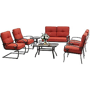 Oakmont 7-Piece Outdoor Metal Furniture Sets Patio Conversation Set Wrought Iron Loveseat, 2 Single Chairs, 2 Spring Chairs and Coffee Table, Red