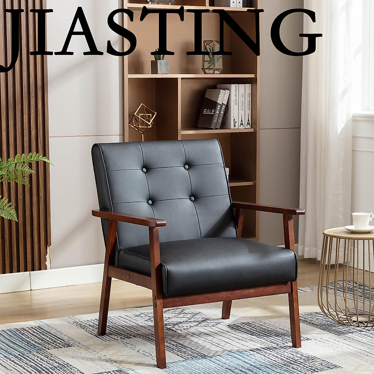 JIASTING Mid-Century Retro Modern Accent Chair Wooden Arm Upholstered Tufted Back Lounge Chairs Seat Size 24.4" 18.3" (Deep) (Square Leg Black)