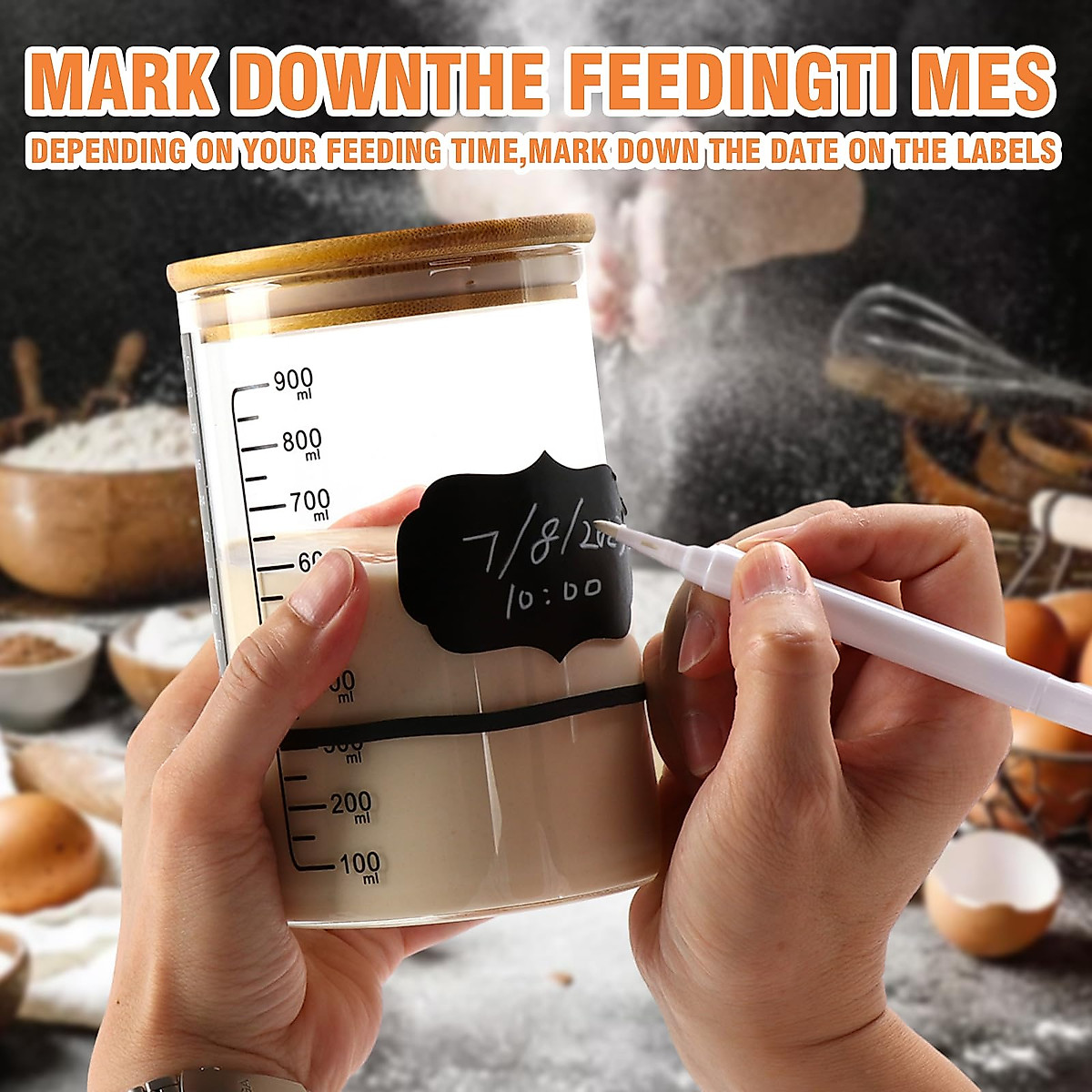 Wnxise Sourdough Starter Kit, 34OZ Reusable Sourdough Starter Jar, Home Sourdough Bread Baking Supplies with Date Marked Feeding Band, Thermometer, Silicone Scraper, Sticker, Marker Pen Bamboo Lid