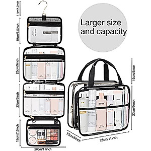 Hanging Toiletry Bag, Clear Travel Toiletry Bag with Detachable TSA Approved Clear Bag Airline 3-1-1 On Compliant Bag Large Makeup Bag for Men and Women (Black)