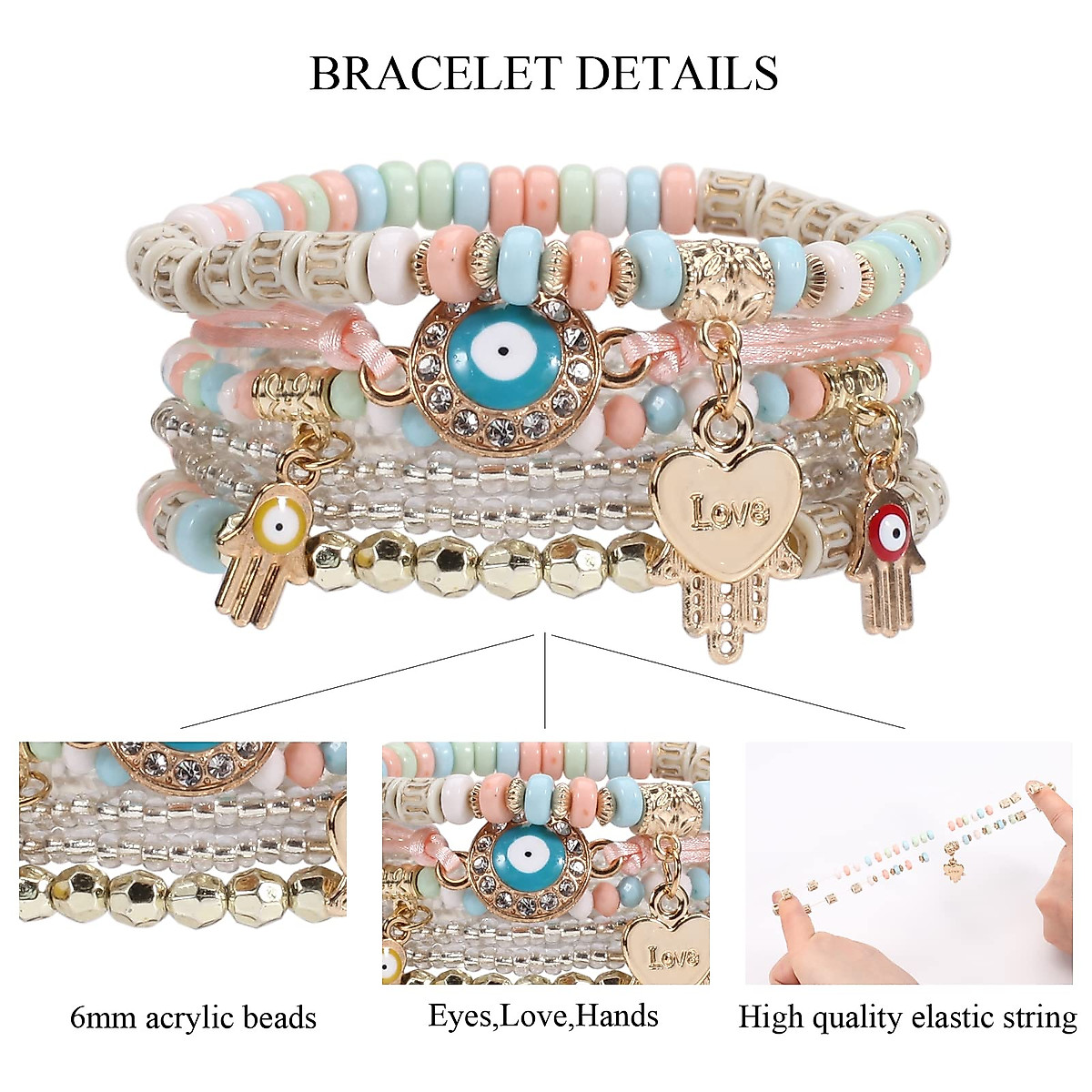 WuCuifu Stackable Bracelets for Women - 8 Packs Bohemian Stretch Bracelets Multi-color Jewelry for Women Evil Eyes Bracelets, Pink