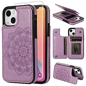 Anyisposs Compatible with iPhone 13 Wallet Case 6.1inch Tempered Glass Screen Protector Card Holder Slots Kickstand Cover Flip Leather Phone Cases for iPhone13 i 5G i-Phone i13 iPhone13case 13s Purple