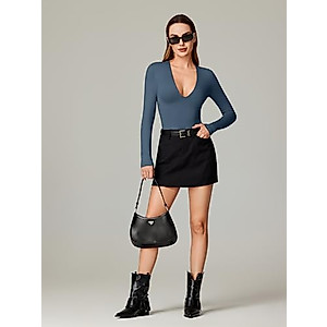 REORIA Womens Sexy Casual One Piece Bodysuit Jumpsuit Y2k Fashion Deep V Neck Long Sleeve Bodycon Tops Star Blue XX-Large