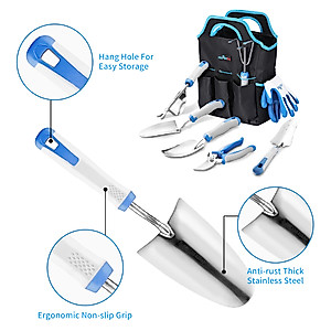 Gardening Tools, 8 Pcs Heavy Duty Stainless Steel Garden Tool Set with Durable Storage Tote Bag, Non-Slip Rubber Grip, Outdoor Gardening Hand Tools, Ideal Gardening Gifts for Men Women Gardener