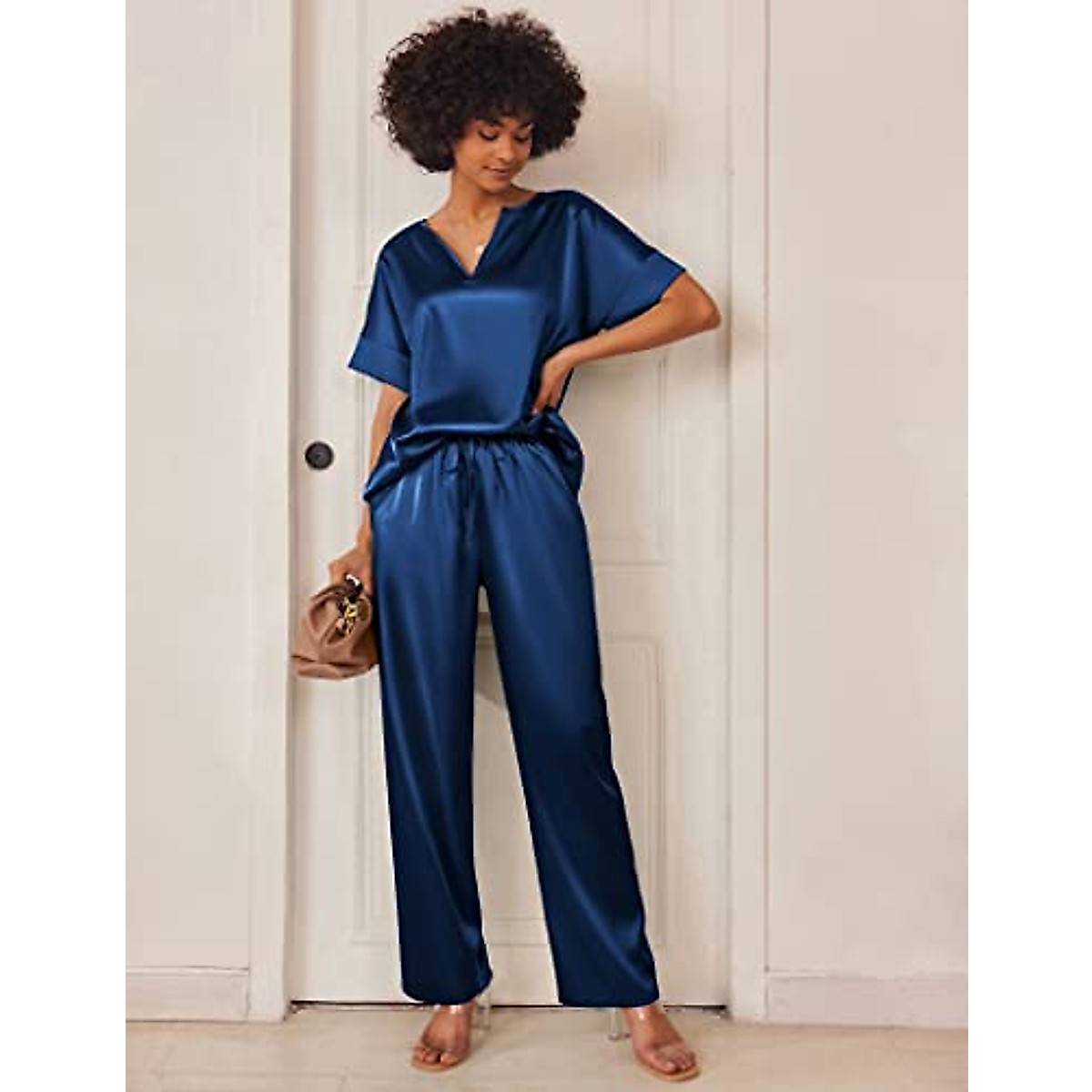 Ekouaer Women's Satin Pajamas Set Soft Short Sleeve Loungewear Two Piece Silky Long Pant Pjs Set Navy Blue