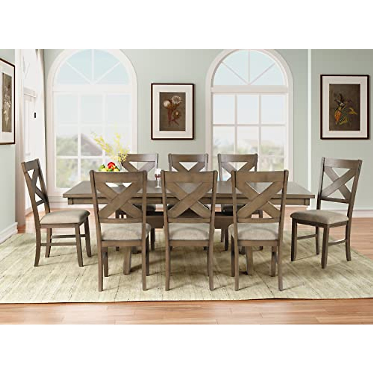 Roundhill Furniture Raven Wood 9-Piece Set, Extendable Trestle Dining Table with 8 Chairs, Glazed Pine Brown