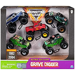 Monster Jam Grave Digger Monster Truck 5pc Value Pack: 1:64 Scale Retro Die-Cast Gift Set with Iconic Models (1982-2005) Chrome Rims and BKT Tires - Authentic Collectible for Fans & Birthday Parties
