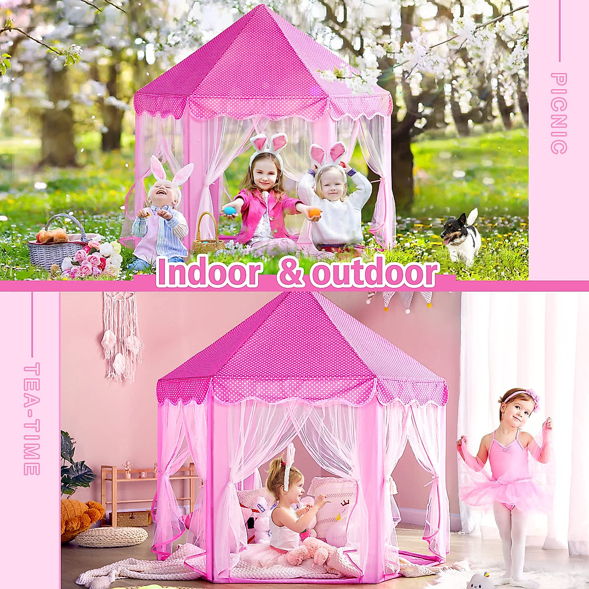 Monobeach Princess Tent Girls Large Playhouse Kids Castle Play Tent with Star Lights Toy for Children Indoor and Outdoor Games, 55'' x 53'' (DxH)