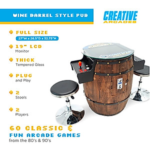 Creative Arcades Full Size Commercial Grade Wine Barrel Style Pub Arcade Machine | 2 Player | 412 Games | 19" LCD Screen | Round Glass Top | 2 Sanwa Joysticks | 2 Stools Included | 3 Year Warranty