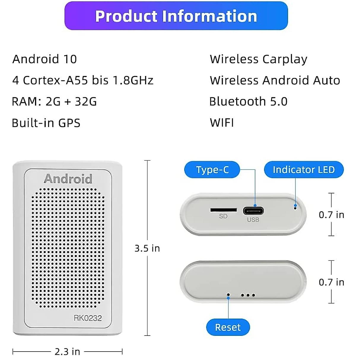 Velany Store Wireless Carplay AI Box, Carplay Adapter, Andriod Auto Suitable for Any car Model, 2G+32G, GPS Navigation, Bluetooth 5.0,FM, Music, Video,Fast Connection