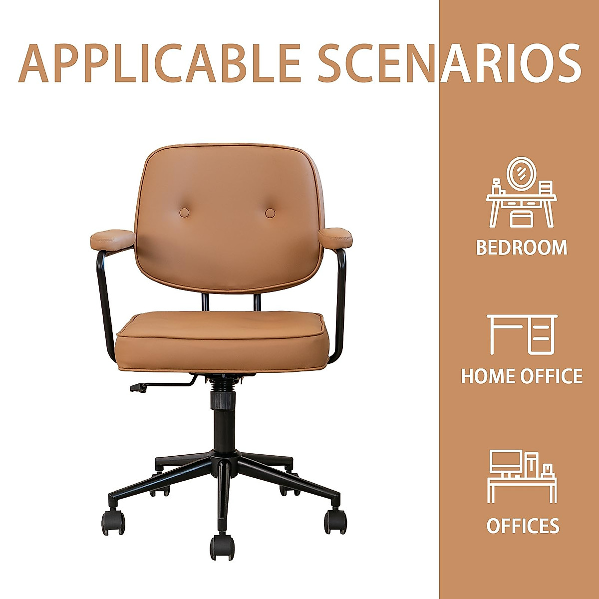 NTailed FOX Mid Century Office Chair, Swivel Desk Chair with Wheels and Arms, Height Adjustable Rolling Chair, Small Leather Office Chair for Adults (Brown)