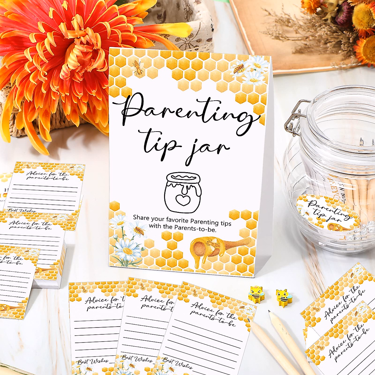 Roowest Baby Shower Games Prizes Advice Baby Shower to Baby Parenting Tip Jar Sign for New Parents 60 Parenting Advice Cards 10 HB Pencils 2 Cute Stickers 1 PET Bottle for New Parents Guests (Honey)