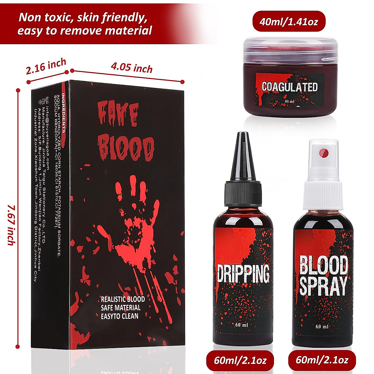 Fake Blood Set, 2.1oz Fake Blood Spray and 2.1oz Dripping Blood and 1.41oz Coagulated Gel Blood, Halloween Washable Fake Blood Makeup for Clothes, Zombie, Vampire Cosplay & Dress Up