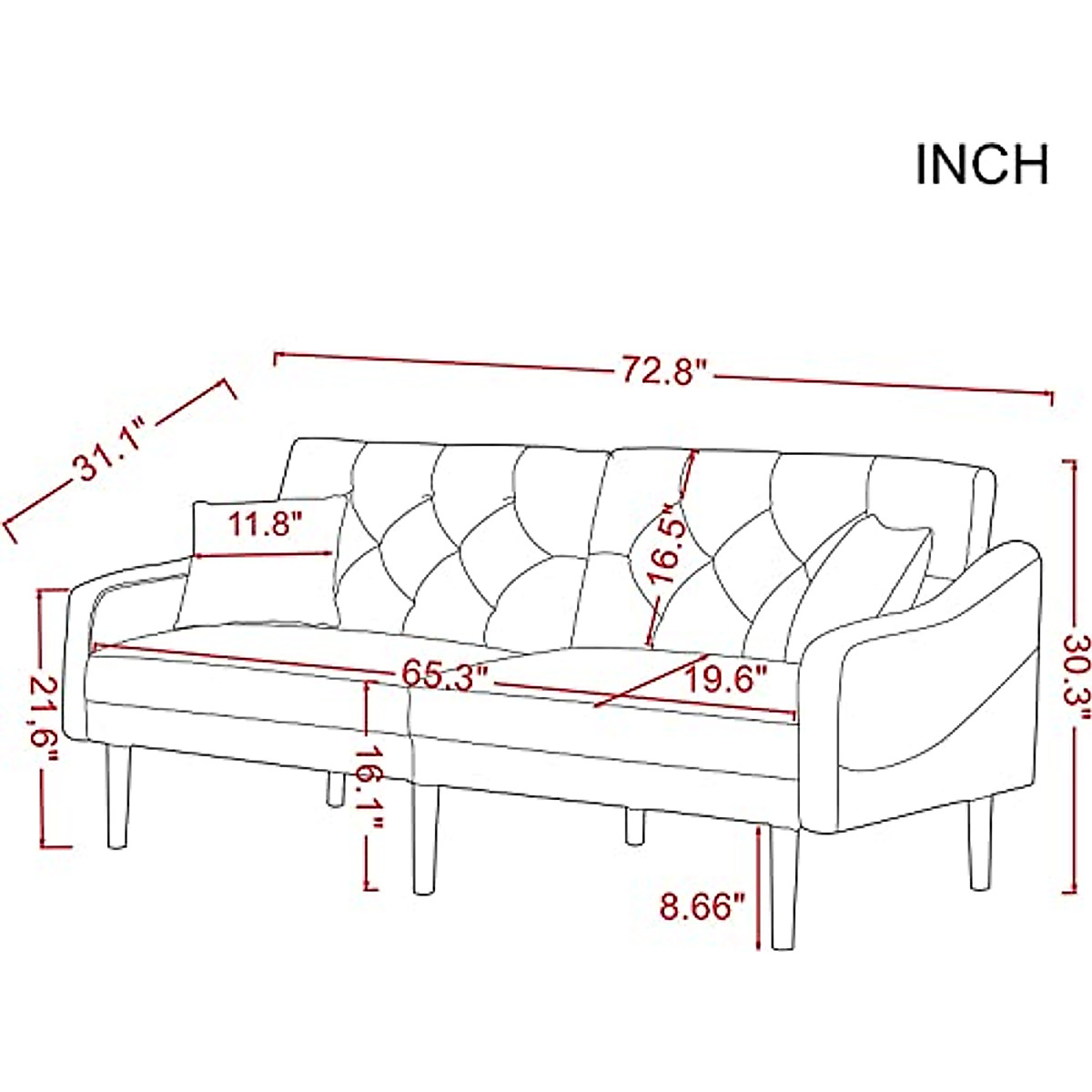 DNYN Convertible Sleeper Futon Sofa with 2 Pillows, Velvet Tufted Couch w/Metal Legs and Adjustable Backrest, for Apartment Office Small Space Living Room Furniture, Gray
