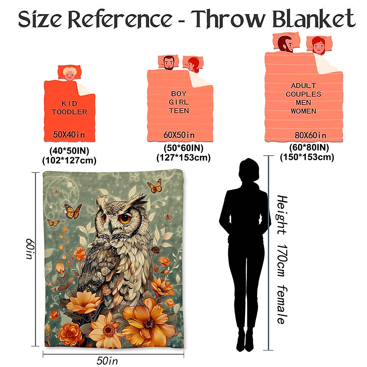 Orange Floral and Owl Throw Blanket Bedding Gifts, for Girls Boys Kids, 50x60 in, Woodland Wisdom Animal Themed Flannel Blankets for Bed, Travel, Camping, Sofa, Room Decor, Cozy Warm Plush Soft