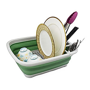SAMMART 8L (2.11Gallons) Collapsible Plastic Dish Drainer - Foldable Drying Rack - Portable Dinnerware Organizer - Space Saving (Grey/Dark Sea Green, 1)