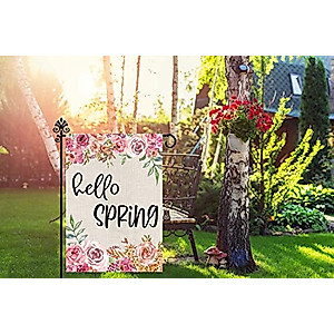 Hello Spring Garden Flag Peony Flowers Burlap Floral in The Air Flags Vertical Double Sided Farm Yard Outdoor Decoration Seasonal Home Décor 12.5 x 18 Inch