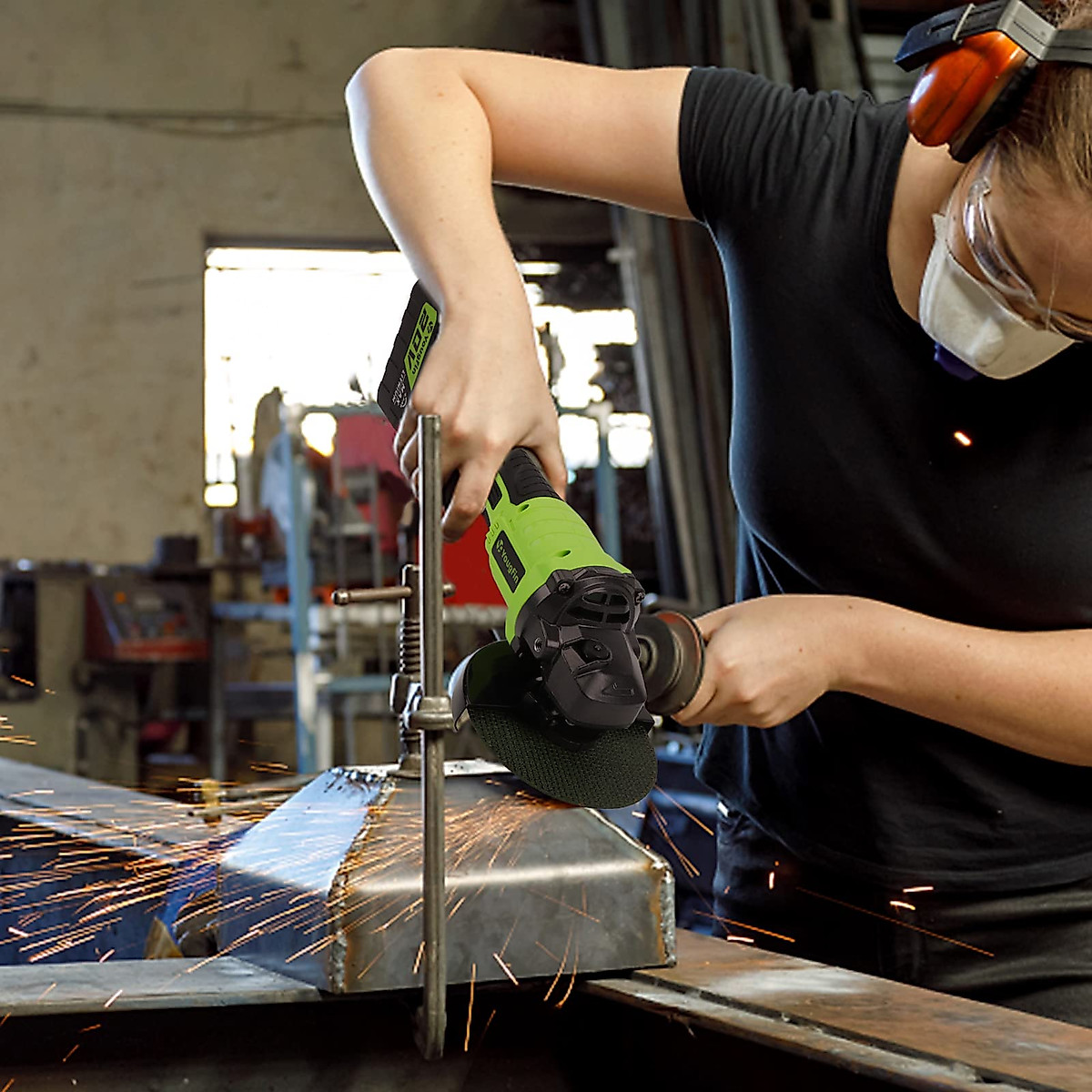 Yougfin Angle Grinder 5 inch, 20V Max Brushless Cordless 7000RPM Grinding Power Tool, 2 Handle Position, Safety Guard, Cutting Wheels, Flap Discs for Metal Cutting & Wood Carving