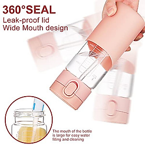 Glass Water Bottle with Straw,Handle Lid and Measurement Scale Silicone Sleeve , Portable Transparent Leak Proof Handy Cup Container for Sport Outdoors Vacation Travel Office ,450ML/15oz (Pink)