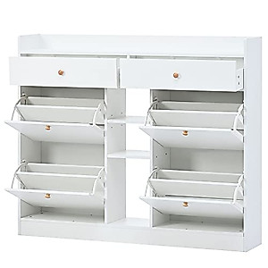 CEMKAR Modern Shoe Cabinet with 4 Flip Drawers, Multifunctional 2-Tier Shoe Storage Organizer with Drawers, Free Standing Shoe Rack for Entrance Hallway (White)