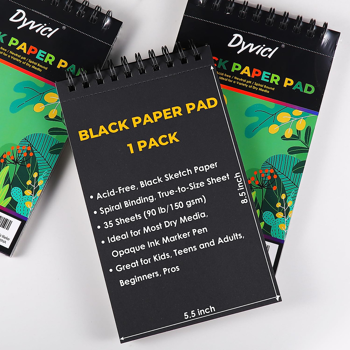 Dyvicl Black Paper Sketchbook 5.5"x8.5", 90 lb/150 GSM, 35 Sheets, Spiral Black Sketch Pad Drawing Paper for Pencil, Pastel, White Ink Gel Pen, Charcoal, Chalk, Metallic Marker, Paint Pen