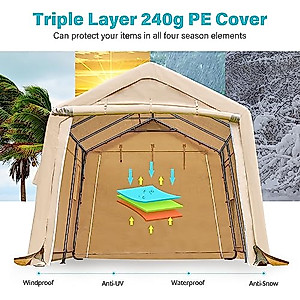 ADVANCE OUTDOOR 10x15 ft Shelter Storage Shed Steel Metal Peak Roof Anti-Snow Portable Garage Carports for Motorcycle, Boat or Garden Tools with 2 Roll up Doors & Vents, Beige, (8807BY-2)