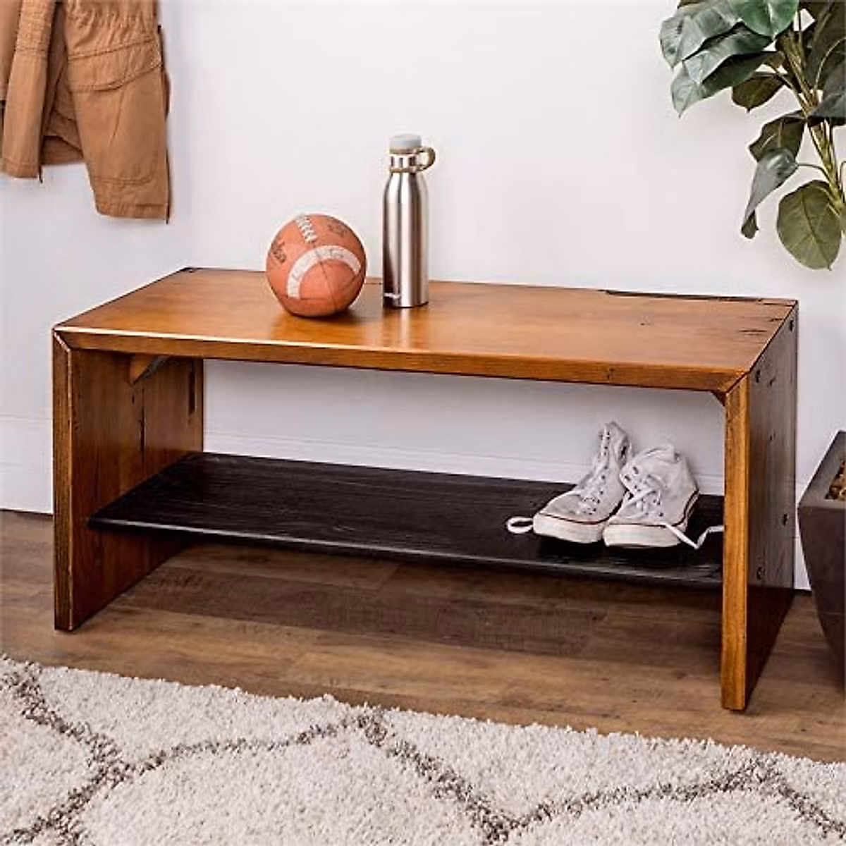 Walker Edison Shiloh Rustic Solid Reclaimed Wood Entryway Bench, 42 Inch, Amber