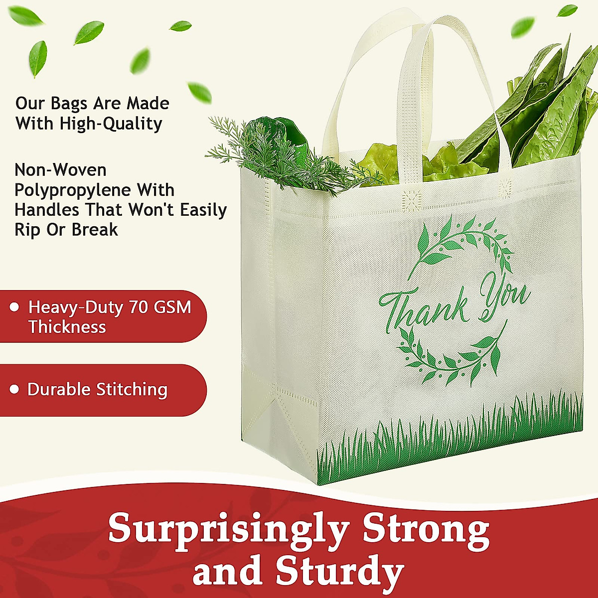 Xinnun 50 Pieces Thank You Tote Bags Bulk, Reusable Non Woven Tote Bags with Handles, Foldable Portable Fabric Tote Bag for Shopping, Grocery, Gift, Parties Boutiques Retail, 12.6 x 6.3 x 11.8 Inches