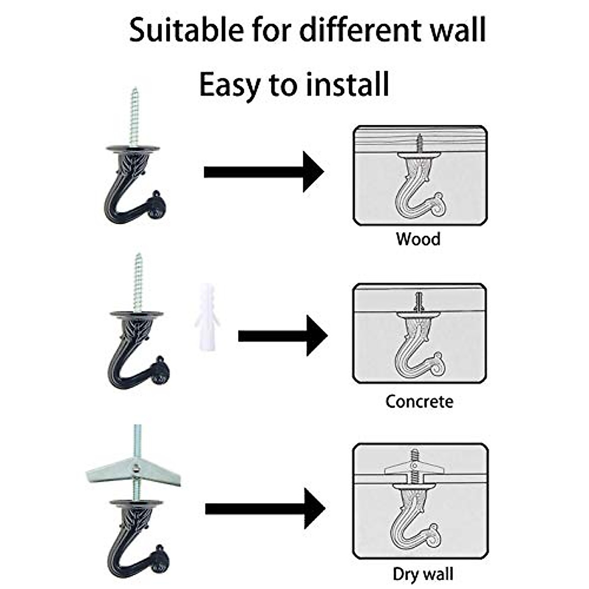 OBSTKUCHEN 8 Sets Swag Ceiling Hooks Heavy Duty Swag Hook with Hardware for Hanging Plants Ceiling Installation Cavity Wall Fixing (Black)