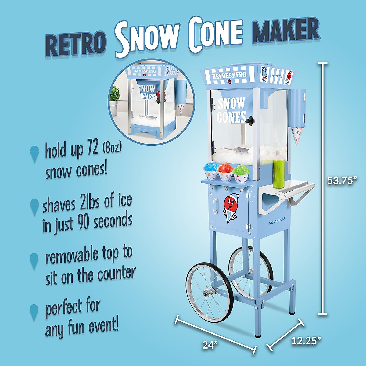 Nostalgia Snow Cone Shaved Ice Machine - Retro Cart Slushie Machine Makes 72 Icy Treats - Includes Metal Scoop, 2 Syrup Bottles, 100 Paper Cups/Spoons, Storage Compartment, Wheels - Blue, 54" Tall