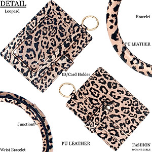 BIHRTC Wristlet Bracelet Keychain Card Holder Key Bangle PU Leather Wristlet Keyring Bracelets Tassel Keychain Round Key Ring with Charpstick Holder for Girls Leopard