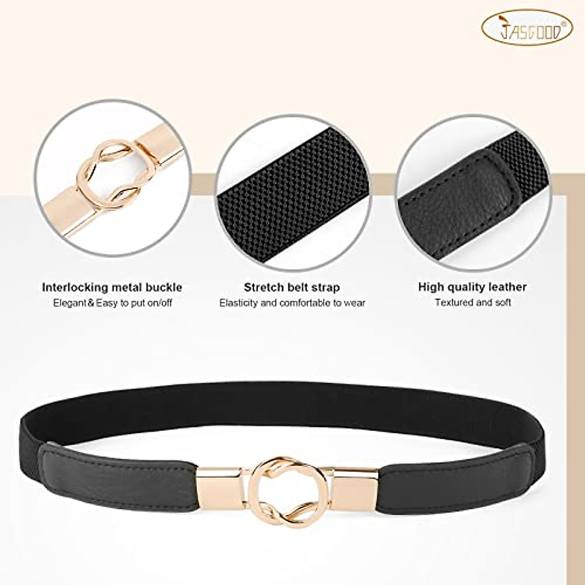 JASGOOD 5 Pack Women Retro Elastic Stretchy Skinny Waist Belt with Metal Gold Buckle