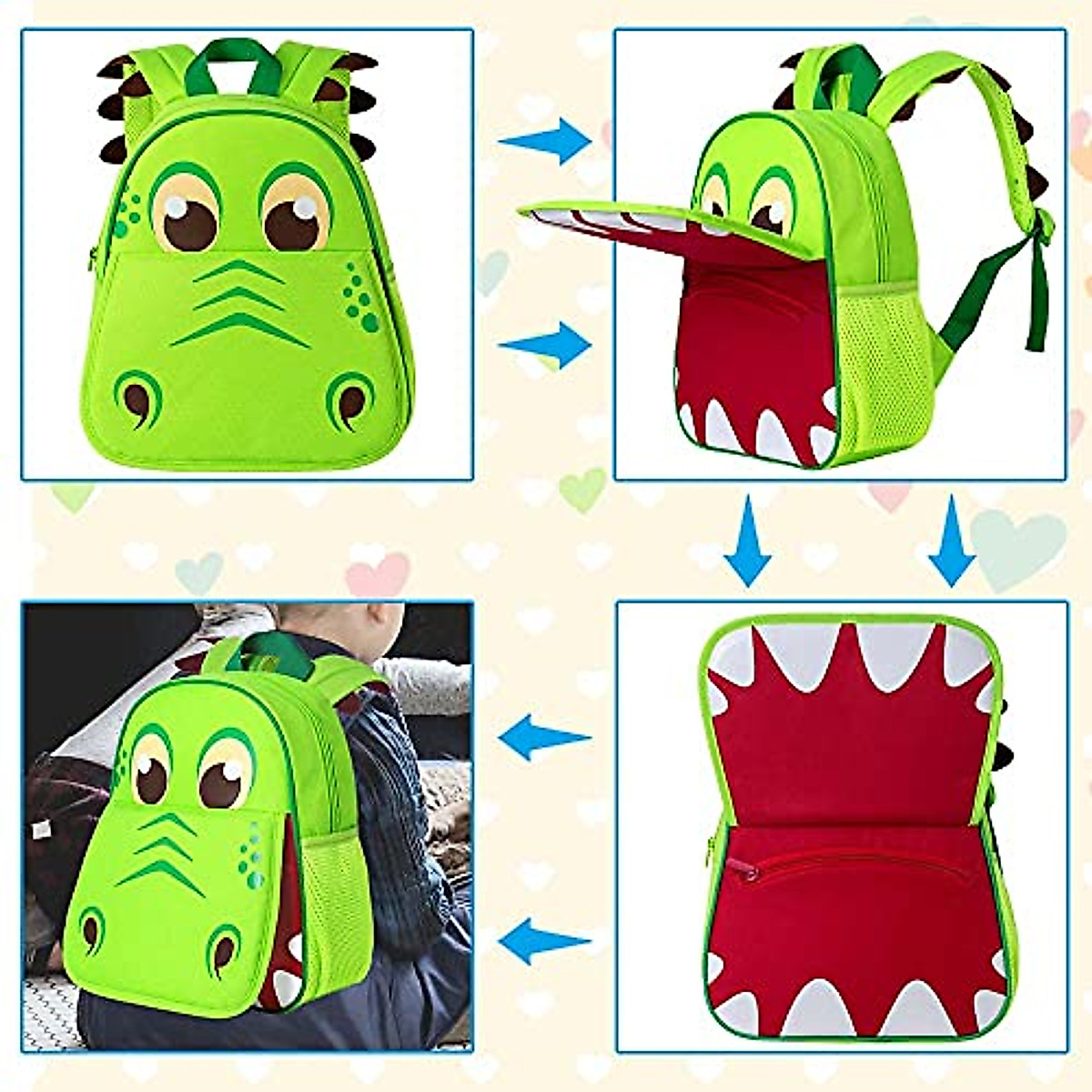 3PCS Toddler Backpack and Lunch Box for Boys, 12" Dinosaur Preschool Kids Bookbag, Cute Animal Kindergarten Schoolbag