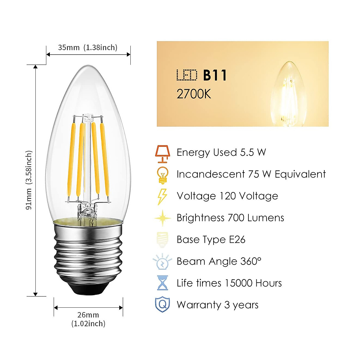 LVWIT Dimmable LED Candelabra Bulbs B11 Filament Bulb E26 Base 5.5W(75W Equivalent) 2700K Warm White Chandelier Decorative Candle Light Bulb 6 Pack