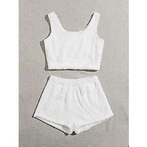 SweatyRocks Women's Fluffy Pajamas Set Crop Tank Top With Shorts Loungewear White S