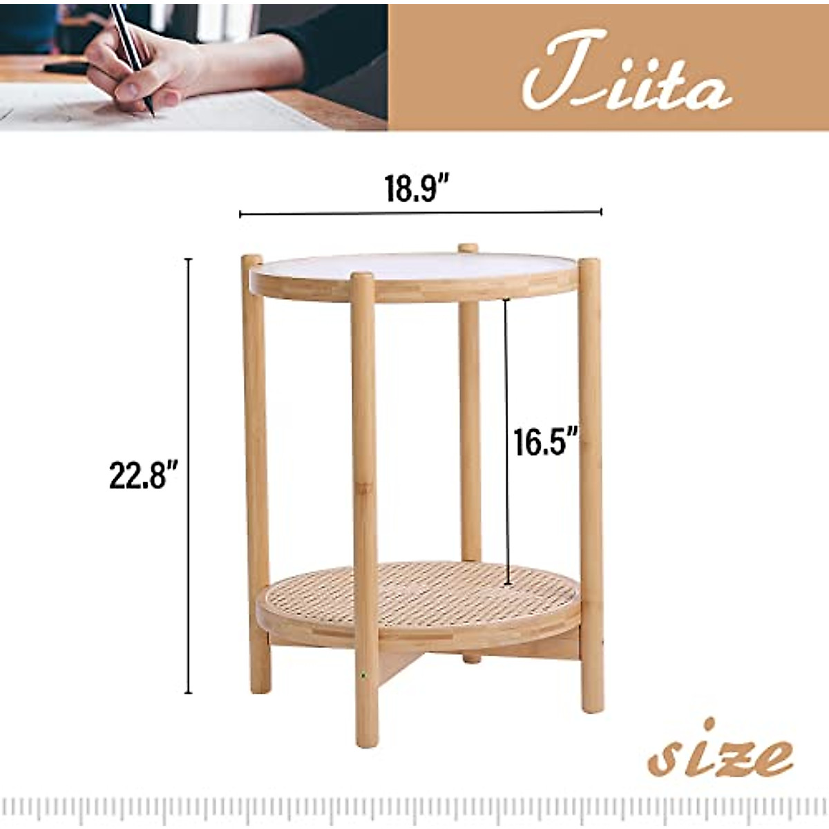 Tiita Rattan Coffee Table, Round End Table, 2-Tier Morden Side Table, Small Living Room Side Table, Glass Sofa End Table for Balcony and Office Outdoor/Indoor (Horizontal Stripe)