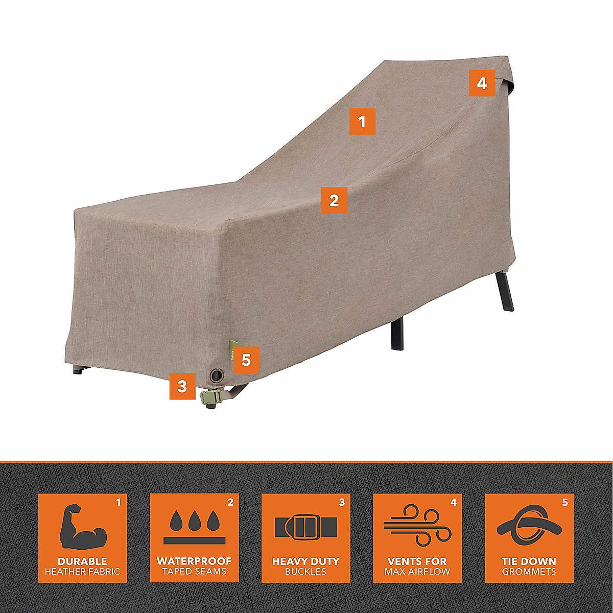 Modern Leisure Garrison Patio Chaise Lounge Cover - Waterproof Fabric - Outdoor Furniture Protection Perfect for Patio, Deck, and Porch - 65" L x 28" W x 29" H - Sandstone