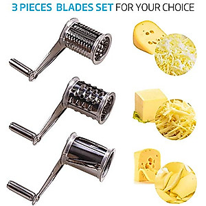 Rotary Cheese Grater - LOVKITCHEN Vegetable Stainless Steel Cheese Grater Shredder Cutter Grinder with 3 Drum Blades (Silver)