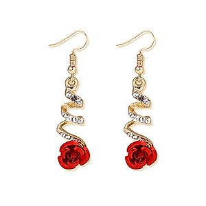 Vintage Red 3D Rose Drop Earrings For Women Statement Dangle Earrings With Crystal Rhinestone Valentine's Day Gift