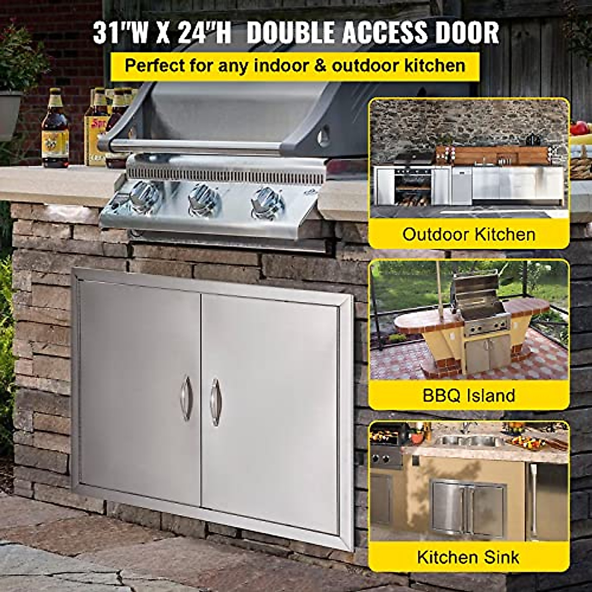 Mophorn BBQ Double Access Door 31W x 24H Inch, BBQ Door Stainless Steel Wall Construction Vertical, Outdoor Kitchen Door for BBQ Island, Grilling Station, Outside Cabinet