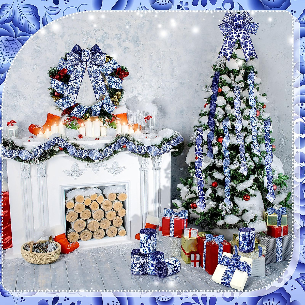 Lyrow 6 Rolls Christmas Chinoiserie Ribbon White and Blue Wired Edge Floral Ribbon Butterfly Flower Pattern Fabric Craft Wreath Bow Wrapping 2.52 Inches by 5 Yards