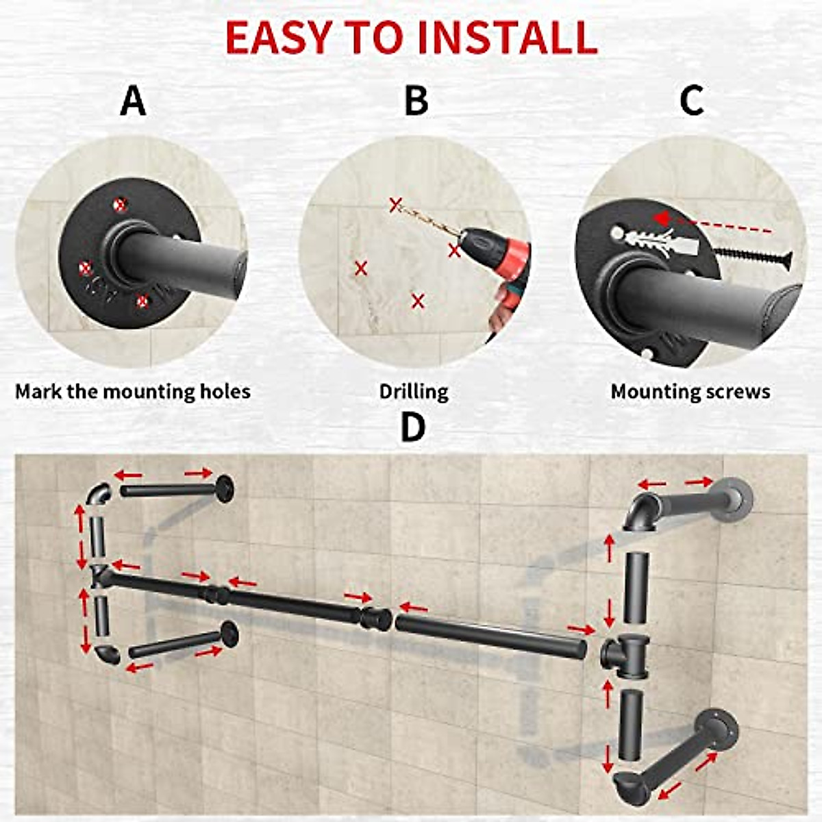 Rebala Industrial Pipe Clothing Rack 43.3 x 11.8 x 11.5INCH,Wall Mounted Garment Rack, Vintage Iron Garment Bar Space-Saving,Clothes Hanging Rod Bar,Multi-Purpose Hanging,Max Load 132Lb