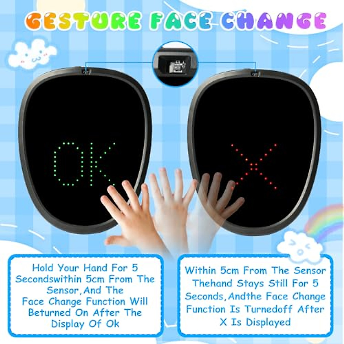 Ompusos LED Mask for kids - Gesture Sensing Transforming Light Up Face Mask for Halloween Rave, Birthday, and Masquerade Parties