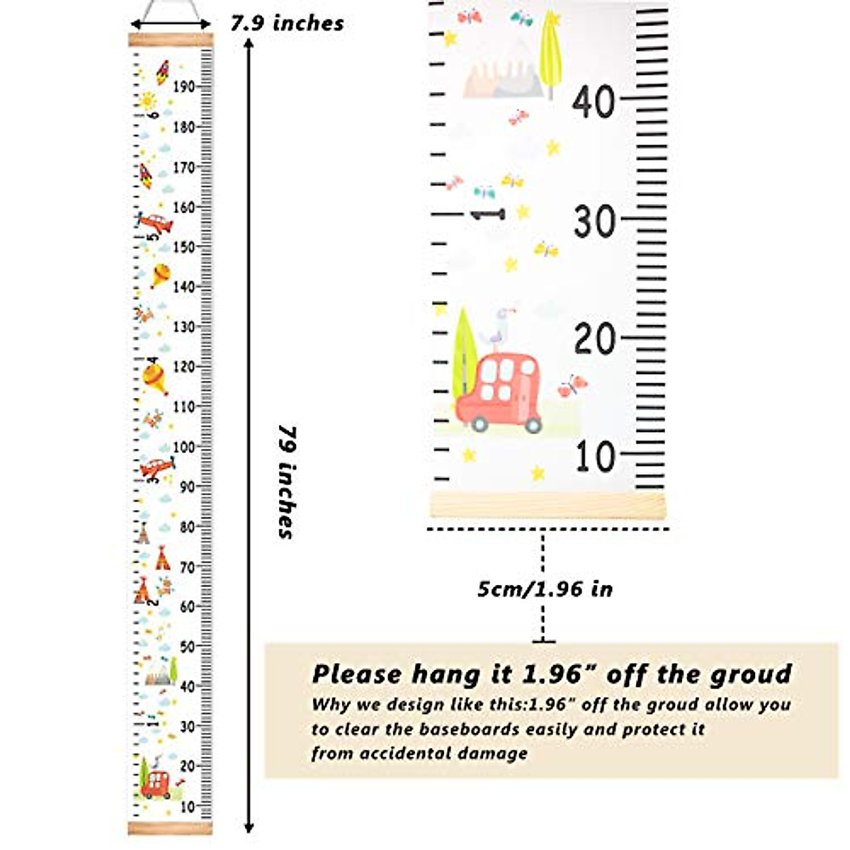 Airror Baby Growth Height Chart, Child Height Ruler, Canvas and Wood Composed of Removable Wall Ruler, Wall Decor (Cartoon Patterns)
