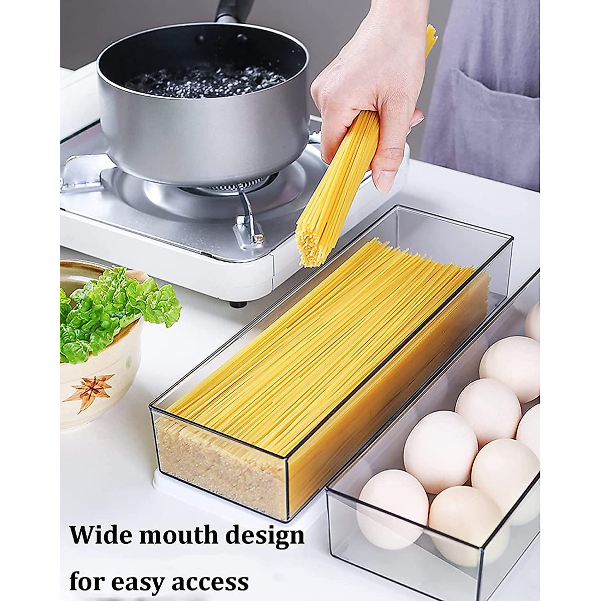 qiuqiu Set of 3 Durable Airtight Pasta Storage Box Spaghetti Jar with Lids Rectangular Stackable Pasta Containers for Pantry Fridge Kitchen Cupboards