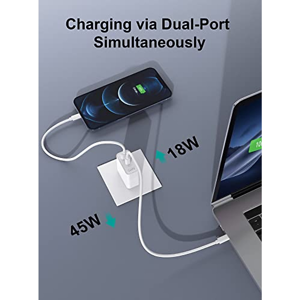 70W USB C Charger, GaN Charger PD USB C Fast Charger 2 Ports Power Adapter Foldable (Works with 65W) Compatible with MacBook Pro, Dell, Huawei, Xiaomi, iPhone 13/14, iPad Pro, Galaxy S22